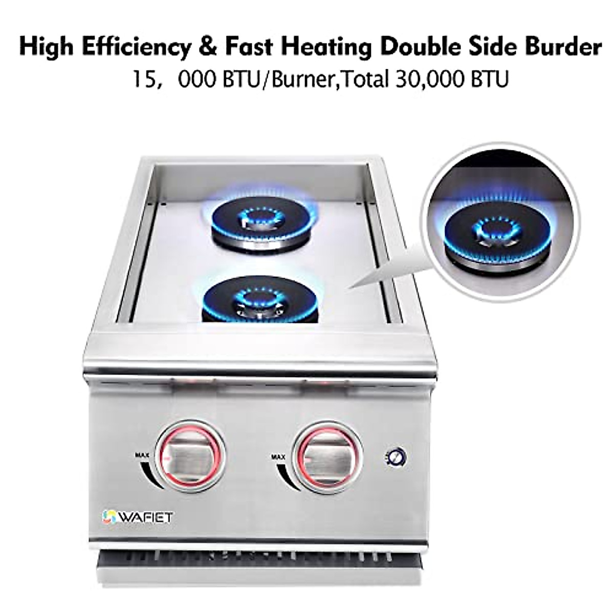 WAFIET Built-in Double Grilling Side Burners with Lid for Outdoor Kitchen BBQ Island, 304 Stainless Steel, 15,000BTU Liquid Propane/Natural Gas Grill with Drip Tray - LPG/NG Convertible