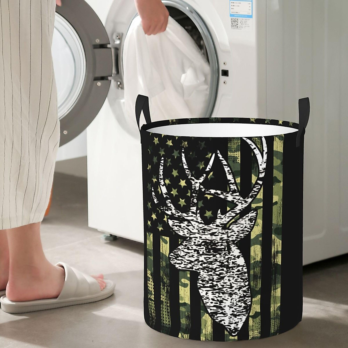 Lightweight Laundry Hamper Compatible With Deer Camo Camouflage American Flag Hunting Black Laundry Basket, Large Fabric Collapsible Clothes Hamper Easy Carrying with Handles for Boys Girls Bedroom