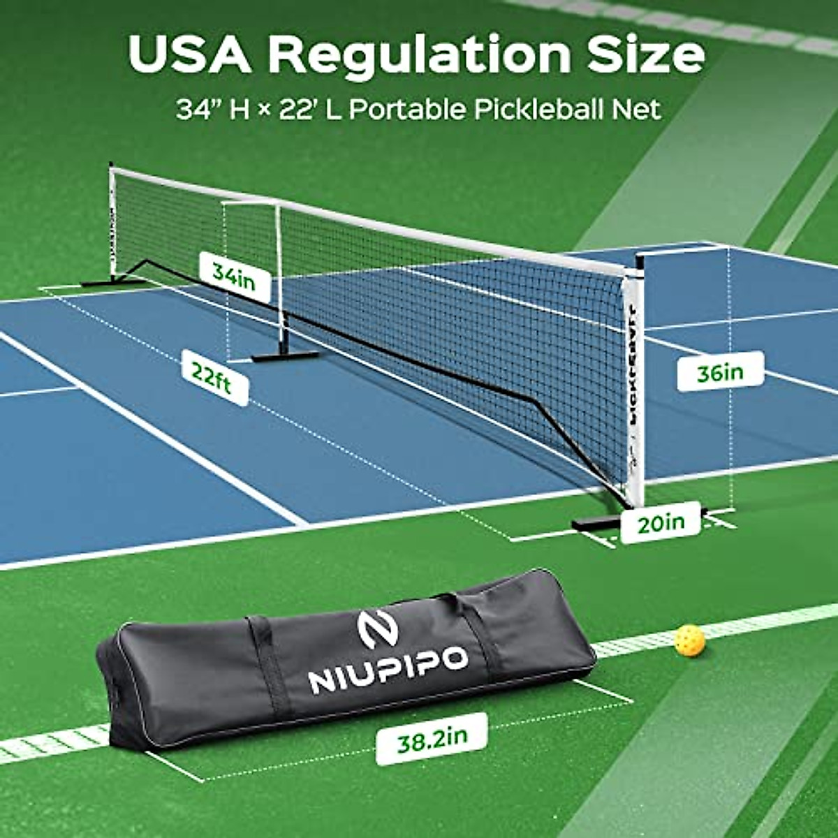 niupipo Pickleball Paddles/Pickleball Net - Pickleball Paddle Set of 2 w/Fiberglass Surface & 2 Durable Overgrips, Portable Pickleball Net System with Metal Frame Stand & Carrying Bag, Great for Fun
