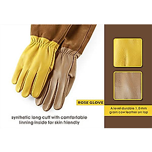 FOUR-AM 2Pairs Gardening Gloves Cut Proof Elbow Length Cowhide Leather Garden gloves women size (Yellow&Belge, Large(Yellow 1Pair))