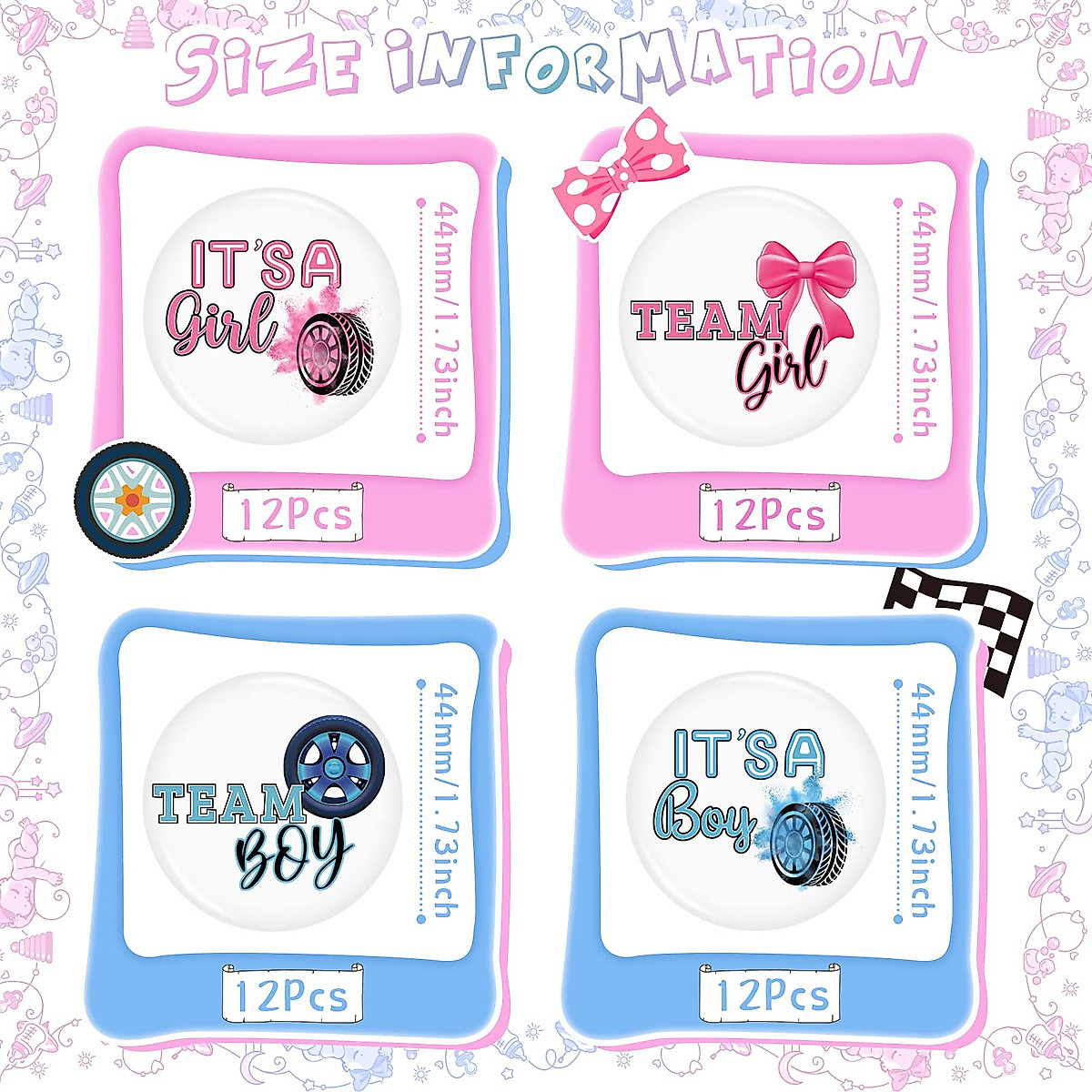 48 Pieces Burnouts or Bows Gender Reveal Buttons Pins Team Boy Team Girl Button Pins Burnouts Gender Reveal Decorations in Pink and Blue for Baby Shower Gender Reveal Party Game Supplies 1.73 Inch