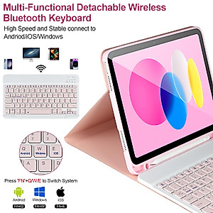 AHYWTAN iPad 10th Generation Case with Keyboard,Keyboard Case for iPad 10th Gen 2022 10.9’’Keyboard for iPad 10th Gen with Pencil Holder,Detachable Bluetooth Keyboard Case for iPad 10.9 2022,Pink