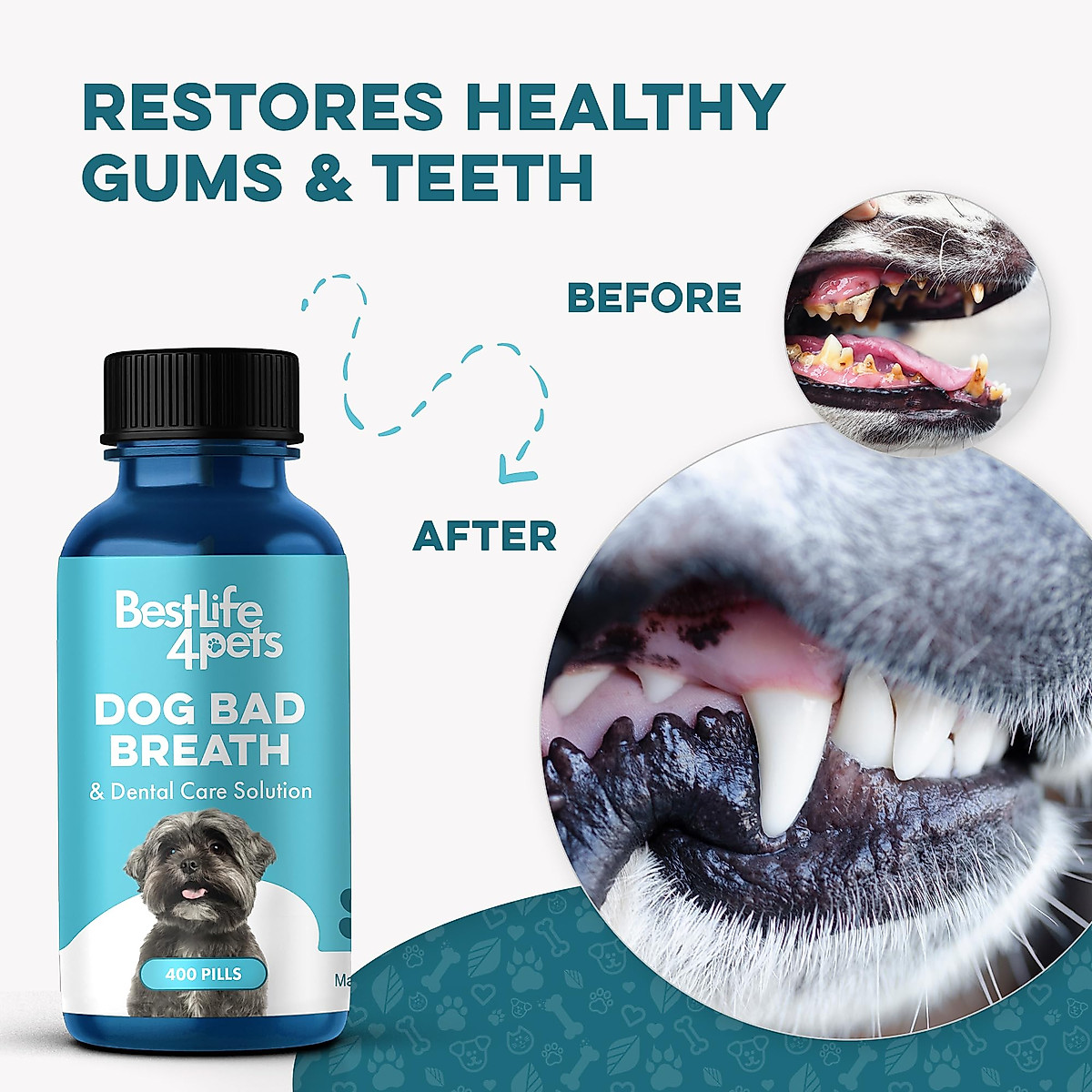 Dog Bad Breath Treatment & Dog Dental Care Solution - Natural Supplement for Canine Oral Health - Dog Tooth Pain Relief, Plaque Control, Gum Disease, Gingivitis - 400 Odorless, Tasteless Pills
