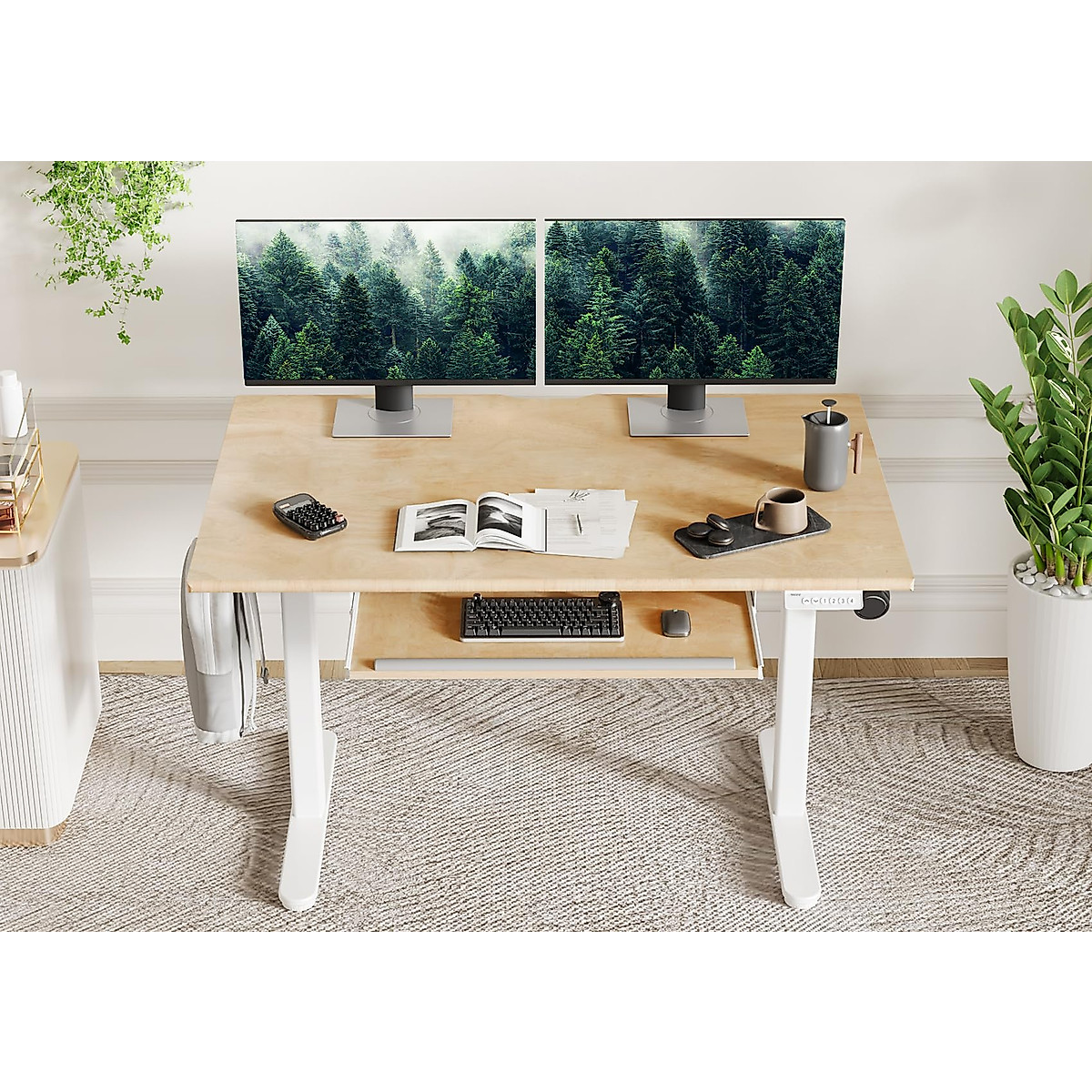 INNOVAR Electric Standing Desk, Solid Wood Adjustable Desk with Keyboard Tray, 48×24 Inch Stand up Home Office Desk with Whole-Piece Board, White Frame/Natural Top