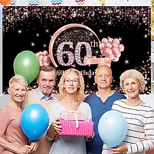 Lnlofen 60th Birthday Banner Decorations Backdrop for Women, Extra Large 60 Year Old Birthday Party Decor Supplies, Rose Gold Happy Sixty Birthday Sign Poster Photo Booth Props