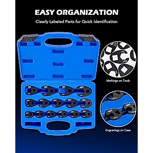 Orion Motor Tech Crowfoot Wrench Set for 8 to 24 mm Flare Nuts, Crowfoot Flare Nut Tool Kit, 15 Piece Large & Small Metric Wrench Set for 3/8" and 1/2" Drives Ratchets Extenders for Nut Removal