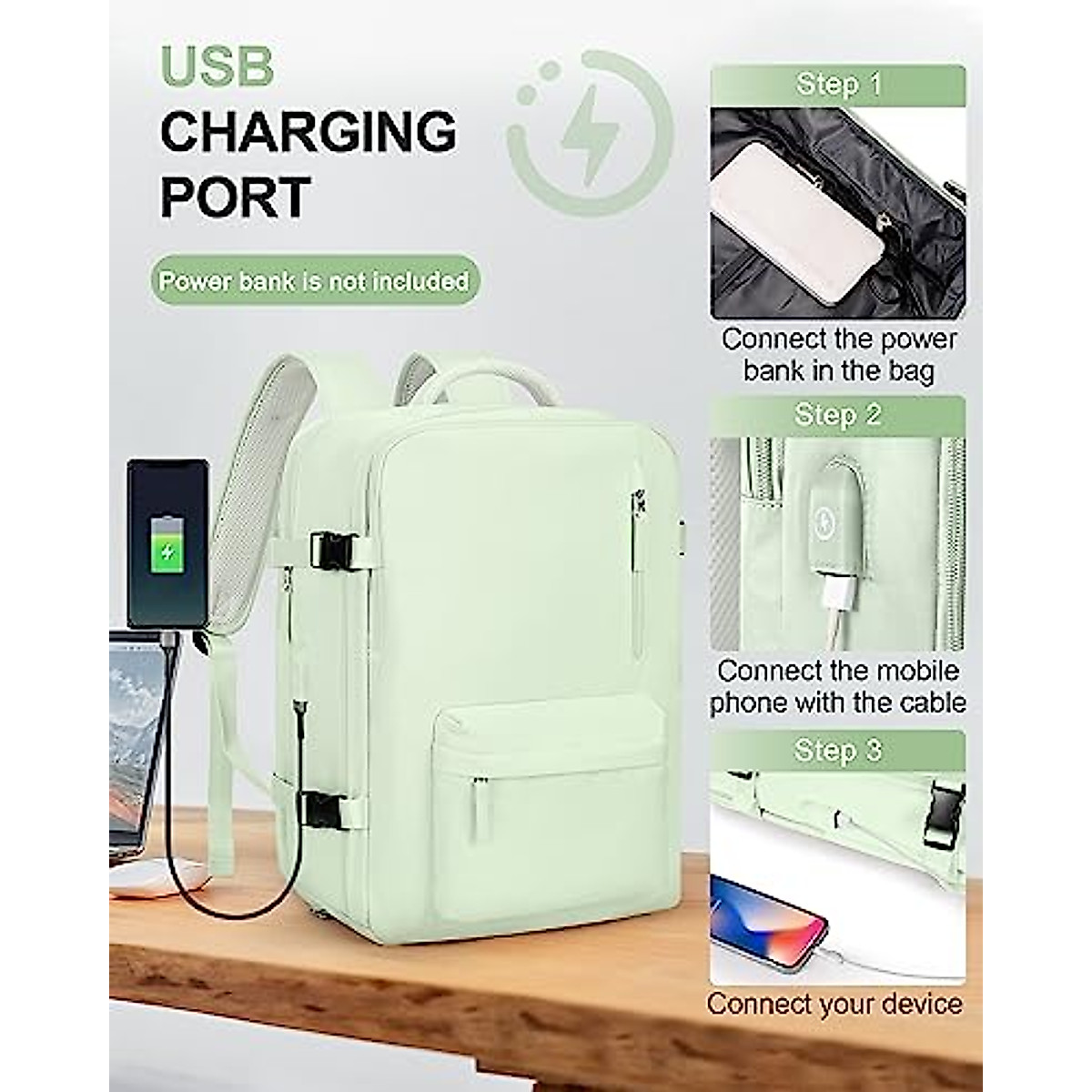 Large Travel Laptop Backpack, Expandable Flight Approved Backpack, Carry on Backpack for Women, Waterproof 17inch Laptop Hiking Backpack with Shoe Compartment, Mint Green