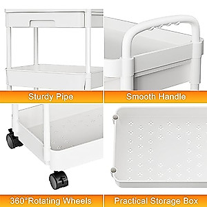 YKLSLH 3-Tier Rolling Cart wiht Drawer, Multifunctional Utility Cart Craft Art Cart Trolley Organizer with Plastic Shelf & Metal Wheels, Storage Cart for Kitchen,Bathroom,Living Room,Office,White