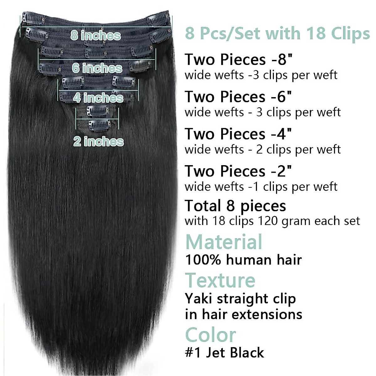 Straight Clip in Hair Extensions for Black Women Clip in Hair Extensions Real Human Hair,8pcs Per Set with 18Clips Double Lace Weft,120Gram,100% Real Soft Human Hair Natural Black (16Inch, #1B)