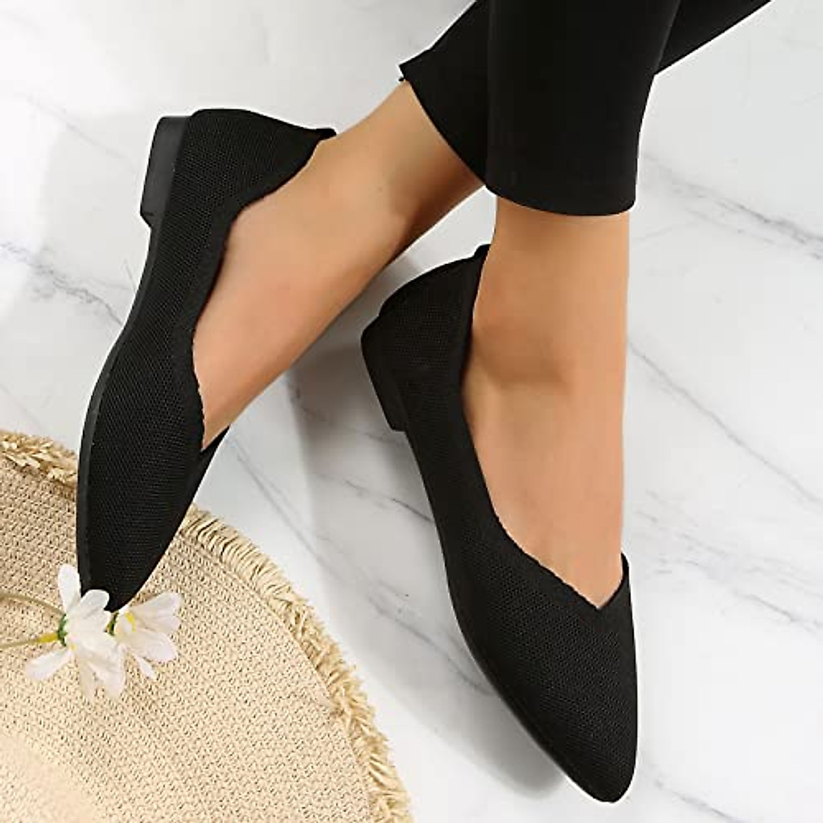 Ladies Fashion Solid Color Breathable Knitted Mesh Pointed Shallow Comfortable Flat Casual Shoes Flat Flip Flops Women (Black, 8)