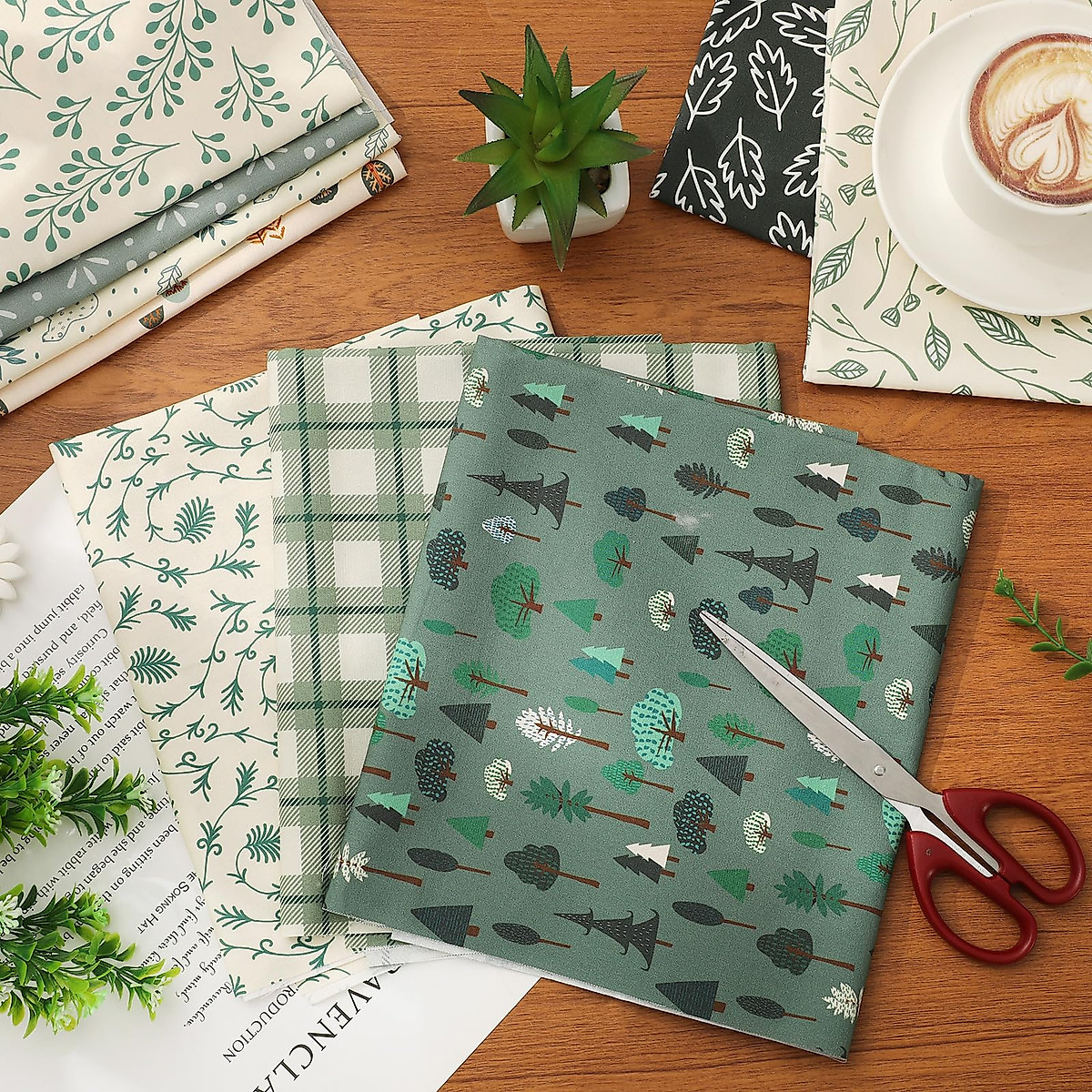 JarThenaAMCS 10Pcs Forest Cotton Fabric Bundles 18 x 22 Inch Green Plaid Tree House Leaf Fat Quarters Sewing Fabrics for DIY Craft Party Decor