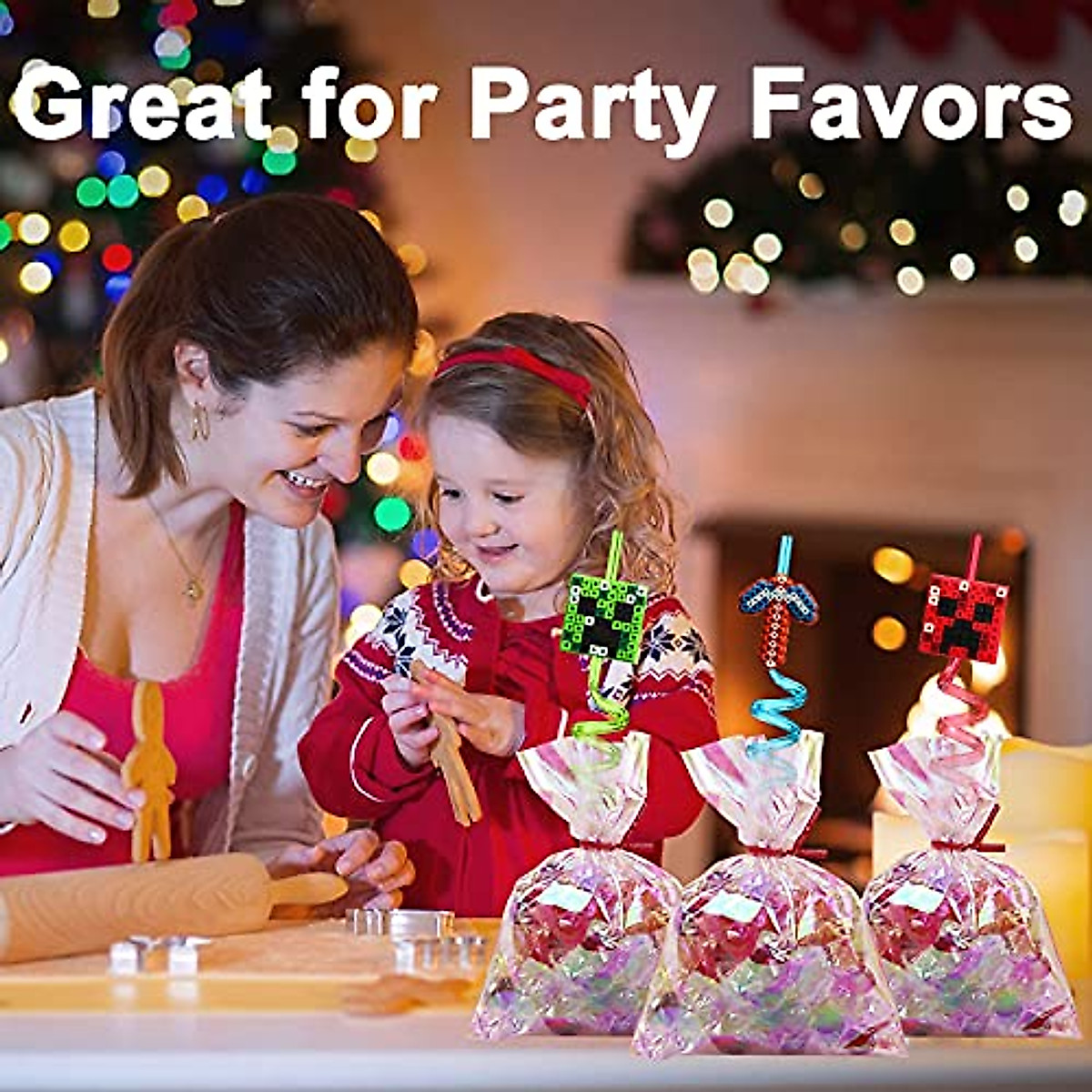 25 Reusable Pixel Straws for Miner Craft Party Supplies Favors, Pixel Spider Creepah Party Supplies Gift with 2 Cleaning Brushes