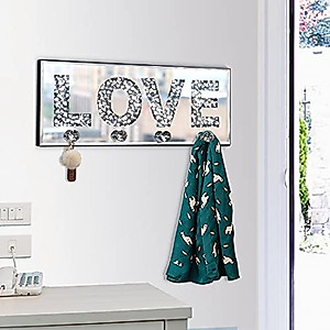 Crush Diamond Mirrored Love Letter Plaque Sign for Wall Decor, Crystal Clear Hooks Key Holder Key Hanger, Silver Mirror Decoration Wall Art, Wall Mounted Home Decor 15"×5.9"×1.6"