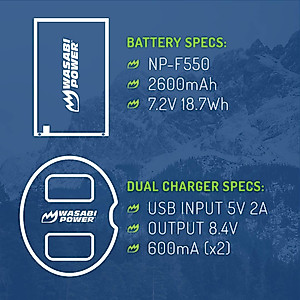 Wasabi Power Battery (2-Pack) and Dual USB Charger for Sony NP-F330, NP-F530, NP-F550, NP-F570 (L Series) and CN-160, CN-216, CN126 Series & Atomos Ninja V, Shinobi, Shogun 7, BMPCC 6K Pro and More