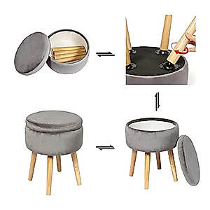 B FSOBEIIALEO Round Storage Ottoman, Soft Padded Velvet Footrest Stool, with Wooden Legs & Tray Top 14.17" (Grey)