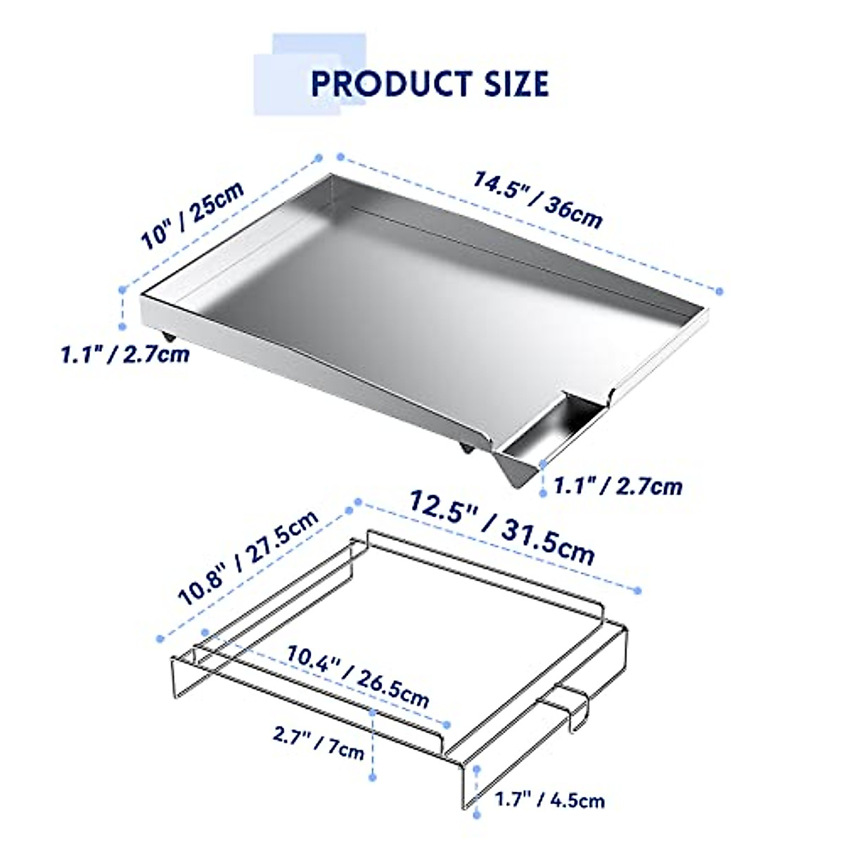Skyflame Universal Stainless Steel Griddle, Flat Top Gas Grill Griddle Pan with Removable Rack and Raised Lip Edges, Fit for Most Gas Grill with Side Burner and Other Grills, Size 14.5" x 10"
