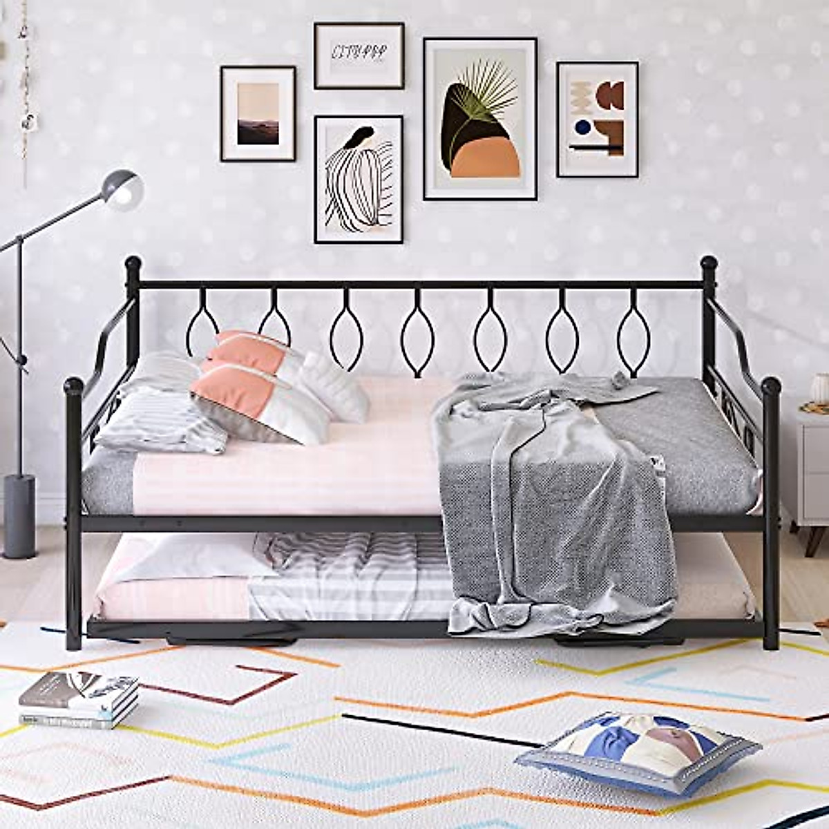 LUSPAZ Full Size Extendable Bed with Pop Up Trundle, Twin to King Daybed with Pull Out Trundle for Adults, Kids