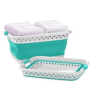 Pop & Load Collapse & Store 1 Large 25" Slim Collapsible Plastic Laundry Basket, Space Saving Portable Pop Up Storage & Organization Basket, 3" High When Folded, Dual Comfort Grip Handles, Teal