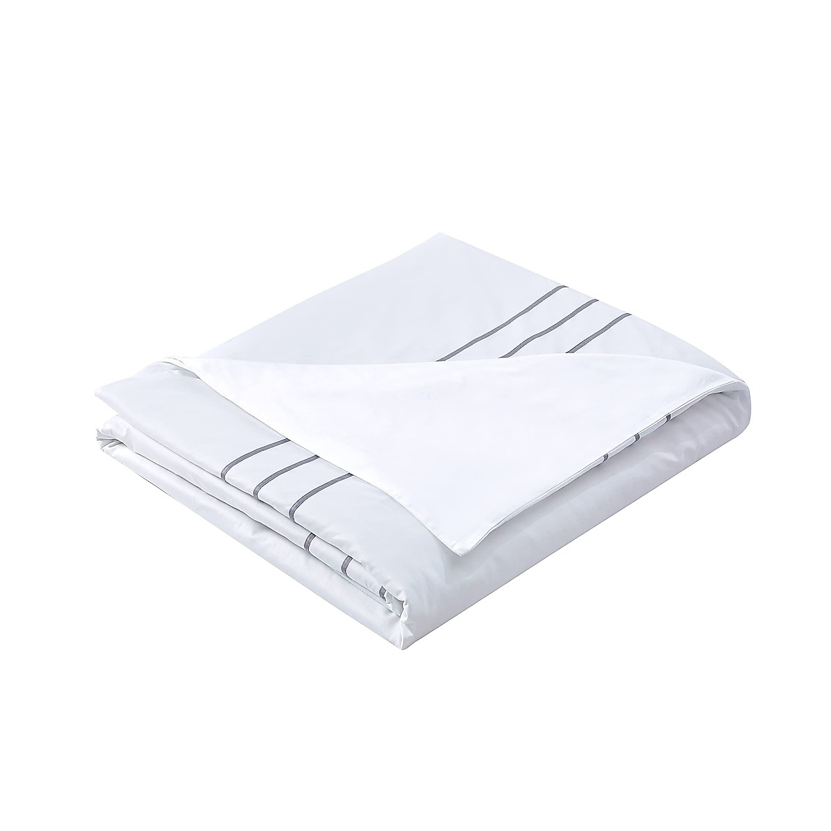 MengBoo Karen 3 Pieces White Duvet Cover Set Without Filling Grey Stripe Trim 100% Egyptian Cotton 300 Thread Count Soft Sateen Hotel Collection Zipper Closure Corner Ties (White Grey, Queen)…