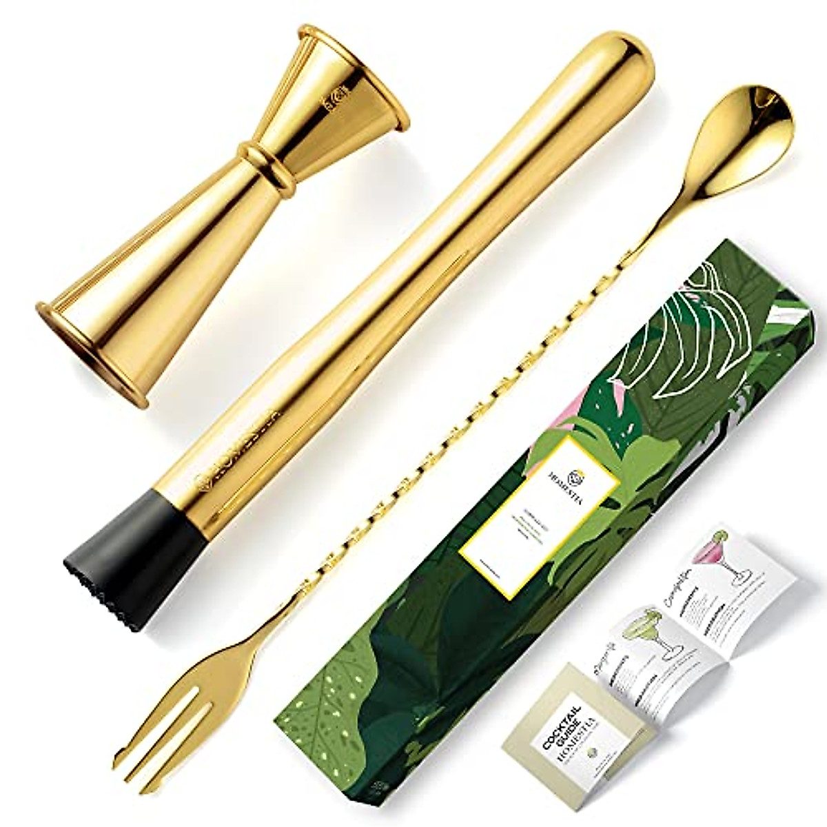 Homestia Stainless Steel Muddler for Cocktails, 3 PCS Bar Tools: 10" Drink Muddler, 12" Cocktail Spoon, 1 oz 2 oz Jigger, Gold Mixing Tools for Drinks, Mini Home Bar Tool Set for Alcohol Beverages