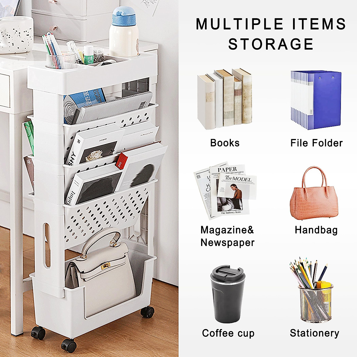 YEMUNY 5 Tier Rolling Utility Cart Multi-Functional Movable Storage Book Shelves with Lockable Casters for Study Office Kitchen Classroom, White