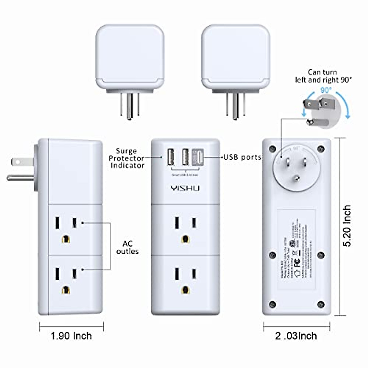 USB Multi Plug Outlet Extender - YISHU Surge Protector with Rotating Plug, 6 AC Plug Extender with 3 USB Ports, 3-Sided Swivel Power Strip with Spaced Outlet Splitter for Home, Office, Travel