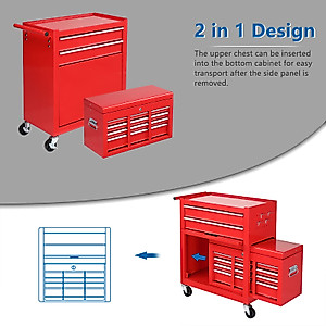 TUFFIOM 8-Drawer Rolling Tool Chest w/Lock & Key, Tool Storage Cabinet w/Wheels, Detachable Top, Drawers & Side Hooks, Mechanic Tool Organizer Box for Garage Warehouse Repair Shop, Red