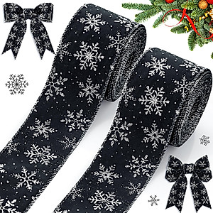2 Rolls/ 20 Yards Christmas Velvet Wired Ribbons with Snowflake Pattern 2.5'' Wide Xmas Craft Ribbons Gift Wrapping Ribbon for Christmas Tree Wreath Decoration DIY Bows Supplies (Black)