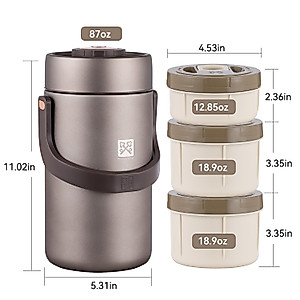 GOLDEN KEY Adults Stainless Vacuum-Insulated Wide Mouth Large Thermos for Hot Food with 3 Stackable Storage Container Inserts and Lunch Bag,Hot & Cold Soup Thermo Lunch Container,87 Ounce,Coffee