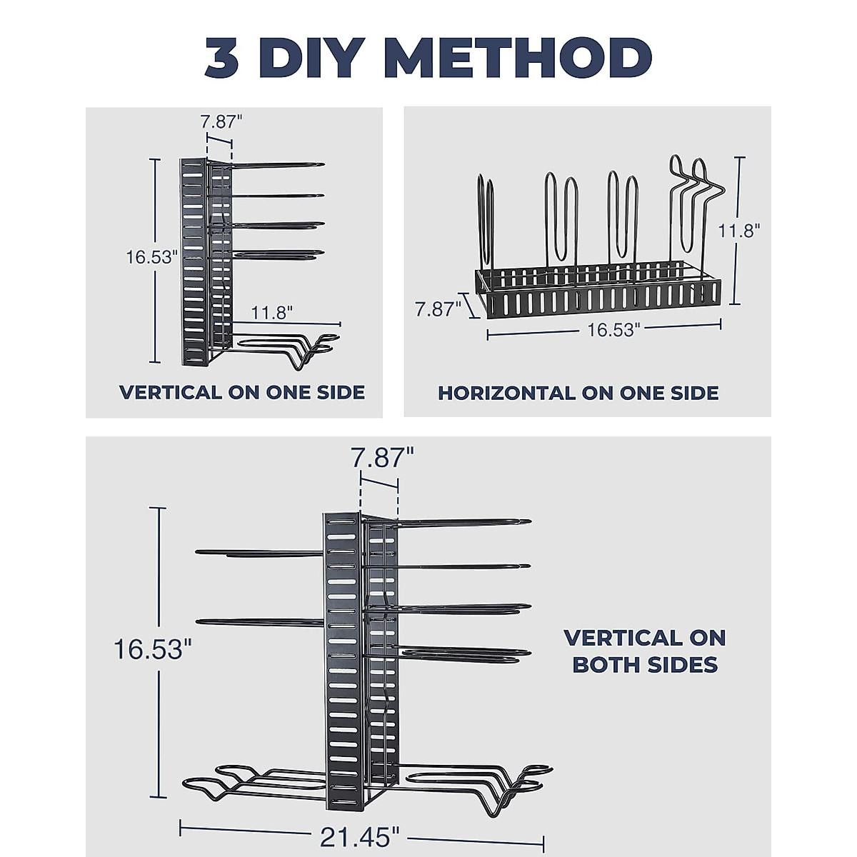 BRONYPRO Adjustable Pots and Pans Organizer for Kitchen Cabinet, Rustproof Storage Organizer Rack for Heavy Pots Pans with 8 Slots, for Skillets, Frying Pan, Pot Lids, Kitchen Must Have (Black)