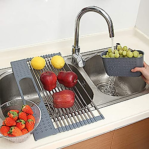 N/A2 Roll Up Dish Drying Rack - Over The Sink Drying Rack with Utensil Holder + Multipurpose Sink Cover Stainless Steel Silicone Portable Dish Draining and Folding Strainer for Mom!