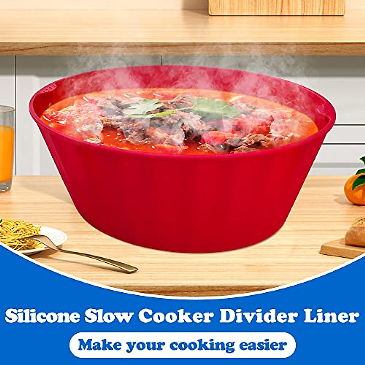 Silicone Slow Cooker Liners fit for 6-7 QT Crockpot, Silicone Slow Cooker Divider Liner, Reusable/BPA Free/Leakproof/Slow Cooker Accessories Cooking Liner for 6-7 Quart Pot - Red
