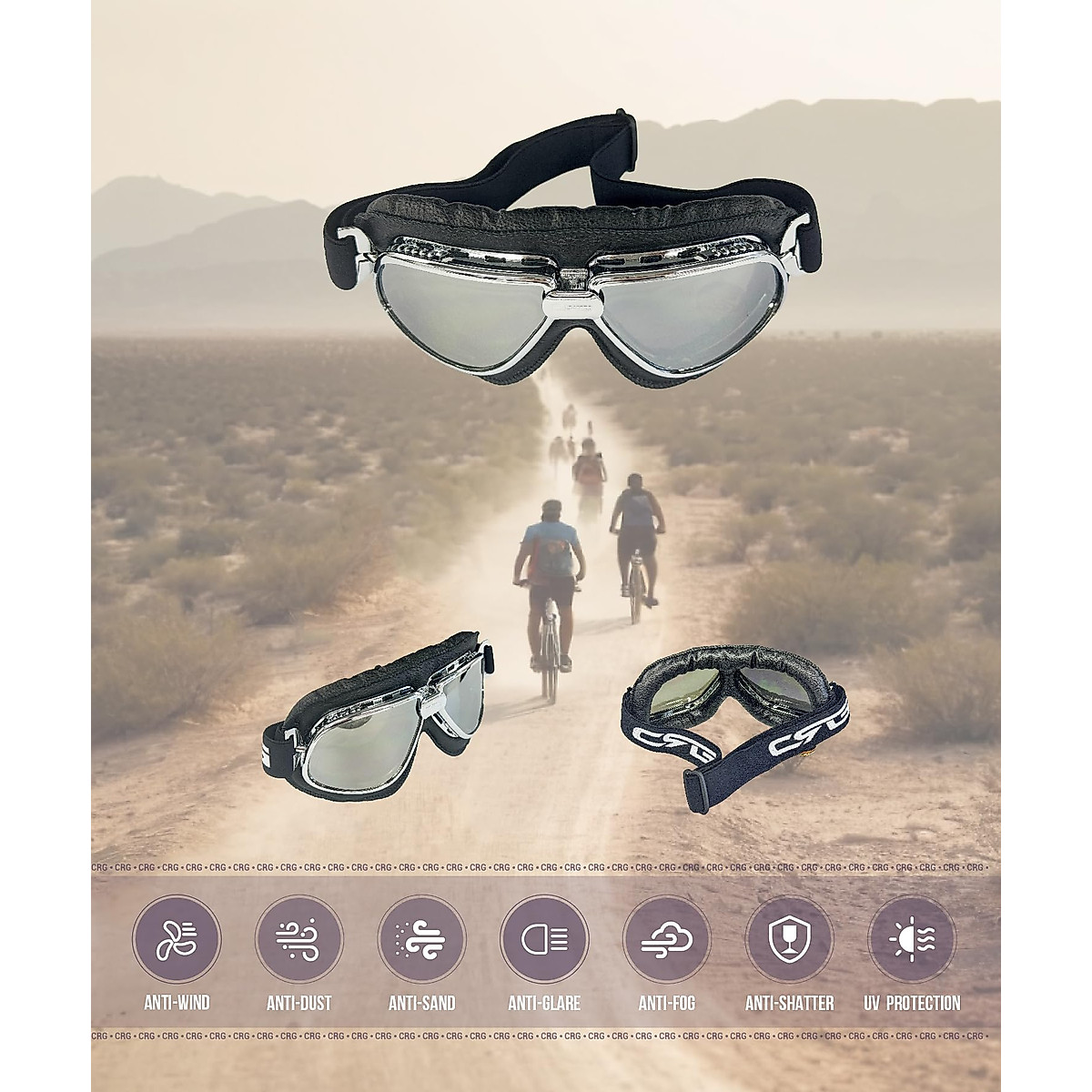 CRG Sports Motorcycle Goggle Aviator Pilot Style Cruiser Scooter Motocross Goggles for Men, Women, Adults