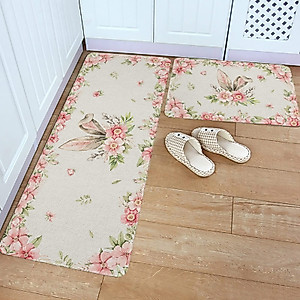 Easter Bunny Ears Kitchen Mats and Rugs Set of 2, Spring Watercolor Flowers Washable Absorbent Kitchen Runner Rug Carpet Anti-Fatigue Comfort Mat for Kitchen Bathroom Laundry 20x31.5+20x47