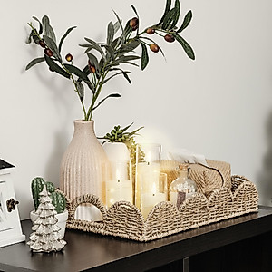 StorageWorks Scalloped Tray, Wicker Rattan Serving Tray with Handles, Woven Rectangle Seagrass Tray, Scalloped Basket Table Décor Trays, Rattan Basket Tray for Ottoman Decorative and Organizer Trays