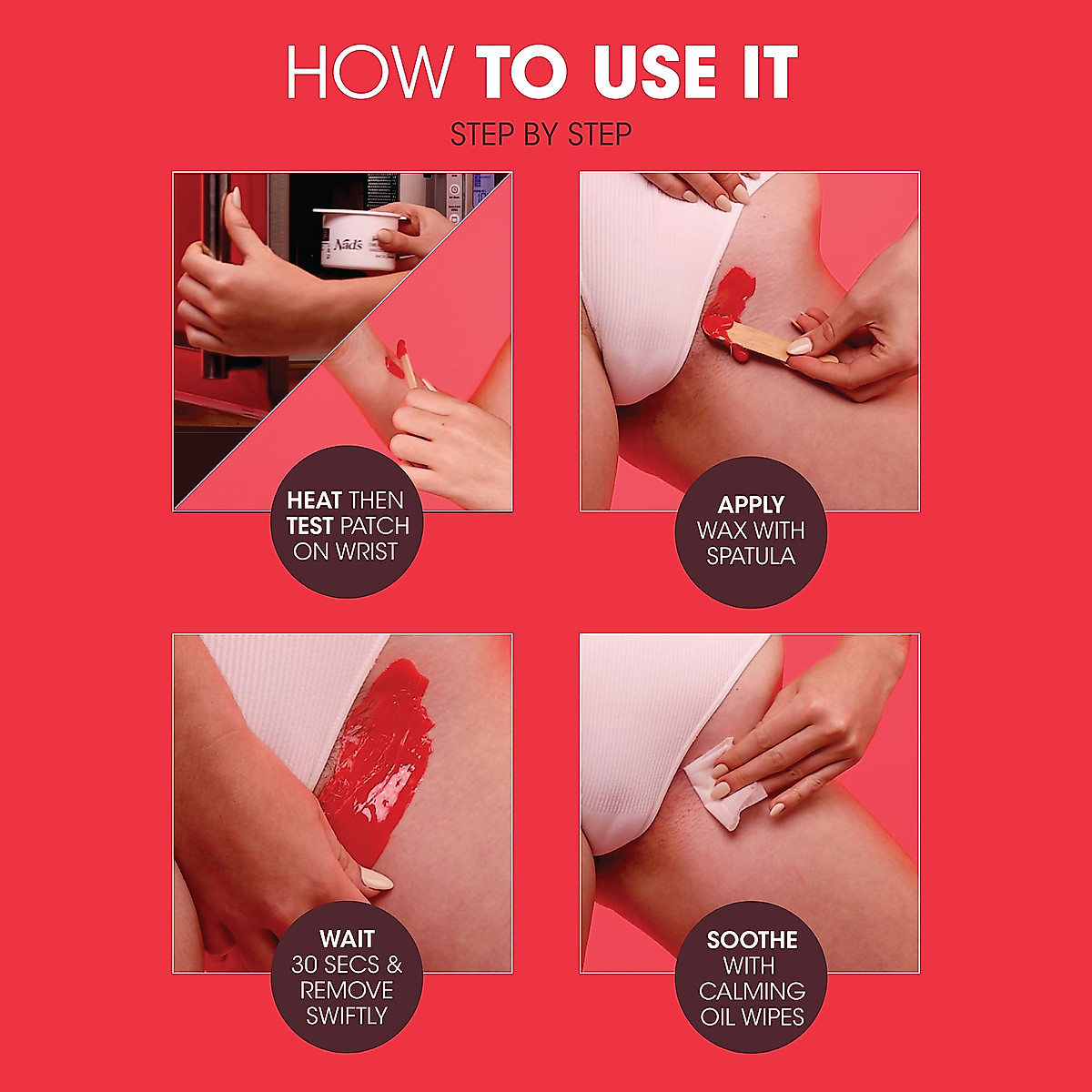 Nad's Brazilan & Bikini Wax Kit, Hair Removal For Women, Body Wax Specifically For Coarse Hair, At Home Waxing Kit With Hard Wax + Calming Oil Wipes + Wooden Spatula