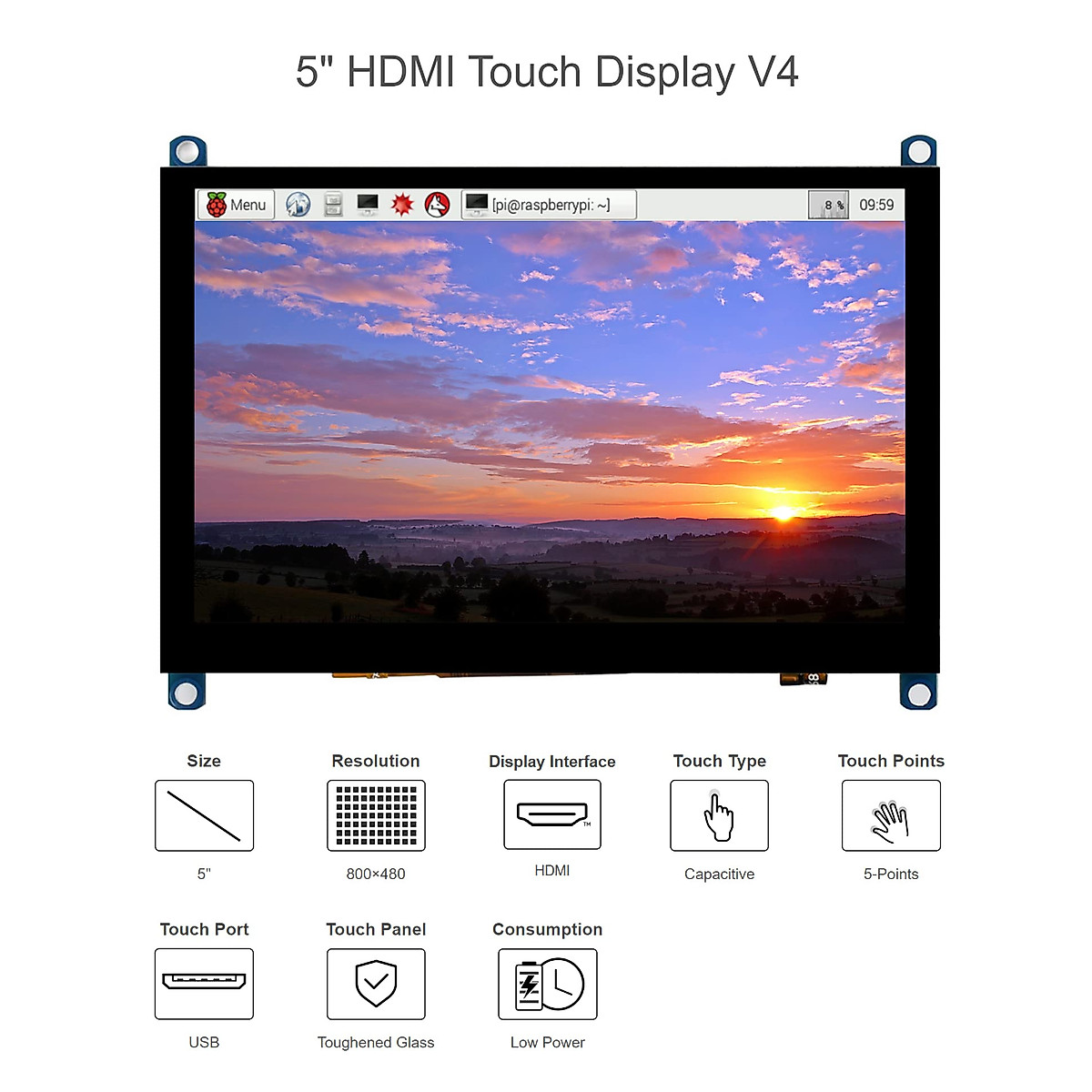 Waveshare 5 Inch HDMI LCD Screen 800x480 TFT Capacitive Touch Screen Display Monitor for Raspberry Pi 4B/3B+/A+/B/2B/B+/A+/Zero W Compatible with Windows 10/8.1/8/7