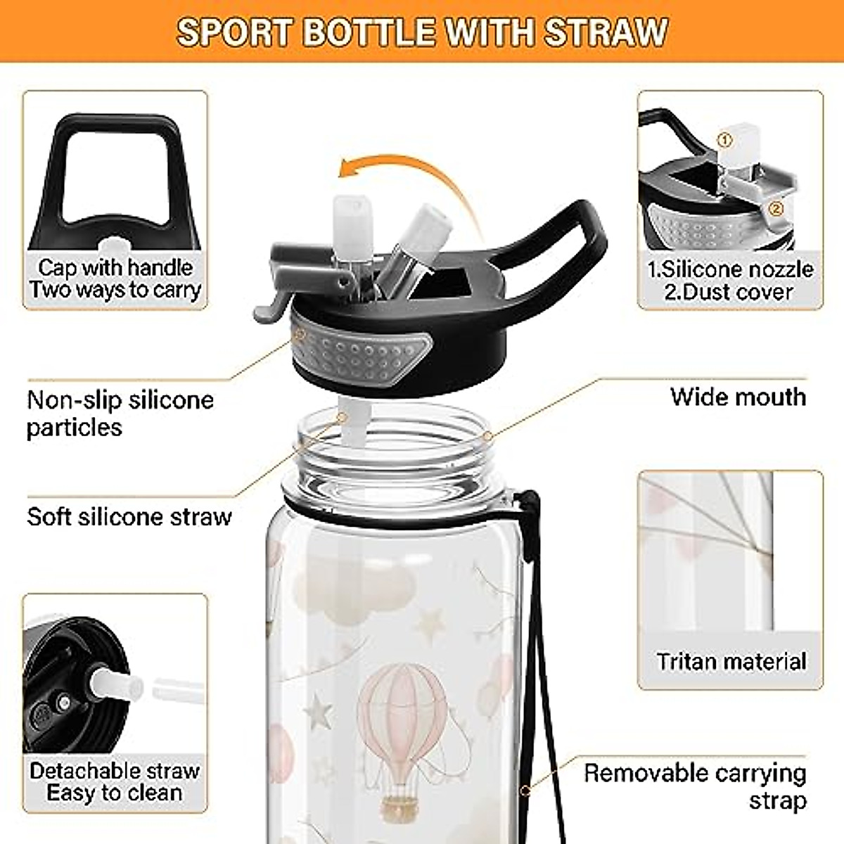 Burbuja Hot Air Balloon Clouds 32 oz Water Bottle with Straw Lid, Leakproof & BPA Free Tritan Bottle for Gym Fitness Outdoor Sports