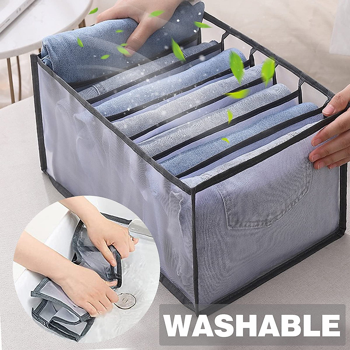 Wardrobe Clothes Organizer, Drawer Organizers for Clothing Jeans Leggings Pants Tshirts Closet Organizers Storage 7 Grid Clothes Storage Organization Stackable Washable Mesh (2pcs Jean/Legging Grey)