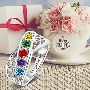 YITUB Sterling Silver Personalized Mothers Ring with 1-6 Simulated Birthstones Custom Family Rings Mothers Day Birthday Anniversary Jewelry Gifts for Mom Grandma (5 Stones)