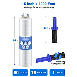 PARAKE 2-Pack Stretch Wrap Film, 15 Inch x 1000 Feet Shrink Wrap with Handles, Industrial Strength Plastic Wrap Roll, Heavy-Duty Shrink Film Roll, for Moving Storage Pallet Packing, 60 Gauge, Clear