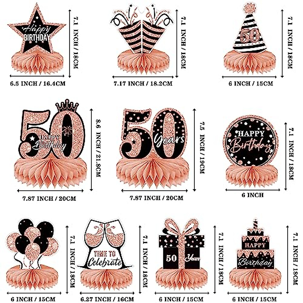 10Pcs Rose Gold 50th birthday decorations Honeycomb Centerpieces for women ，Happy 50th Birthday Centerpieces Tables Toppers Party Supplies,50th Birthday Table Sign Decor