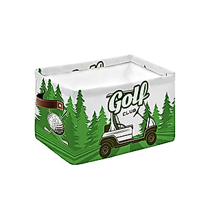 Golf Cart Storage Baskets for Organizing, Golf Club Green Field Pine Tree Balls Sports Theme Fabric Storage Bins for Shelf, Collapsible Cube Bin with Handles for Closet（15''x11''x9.5''）