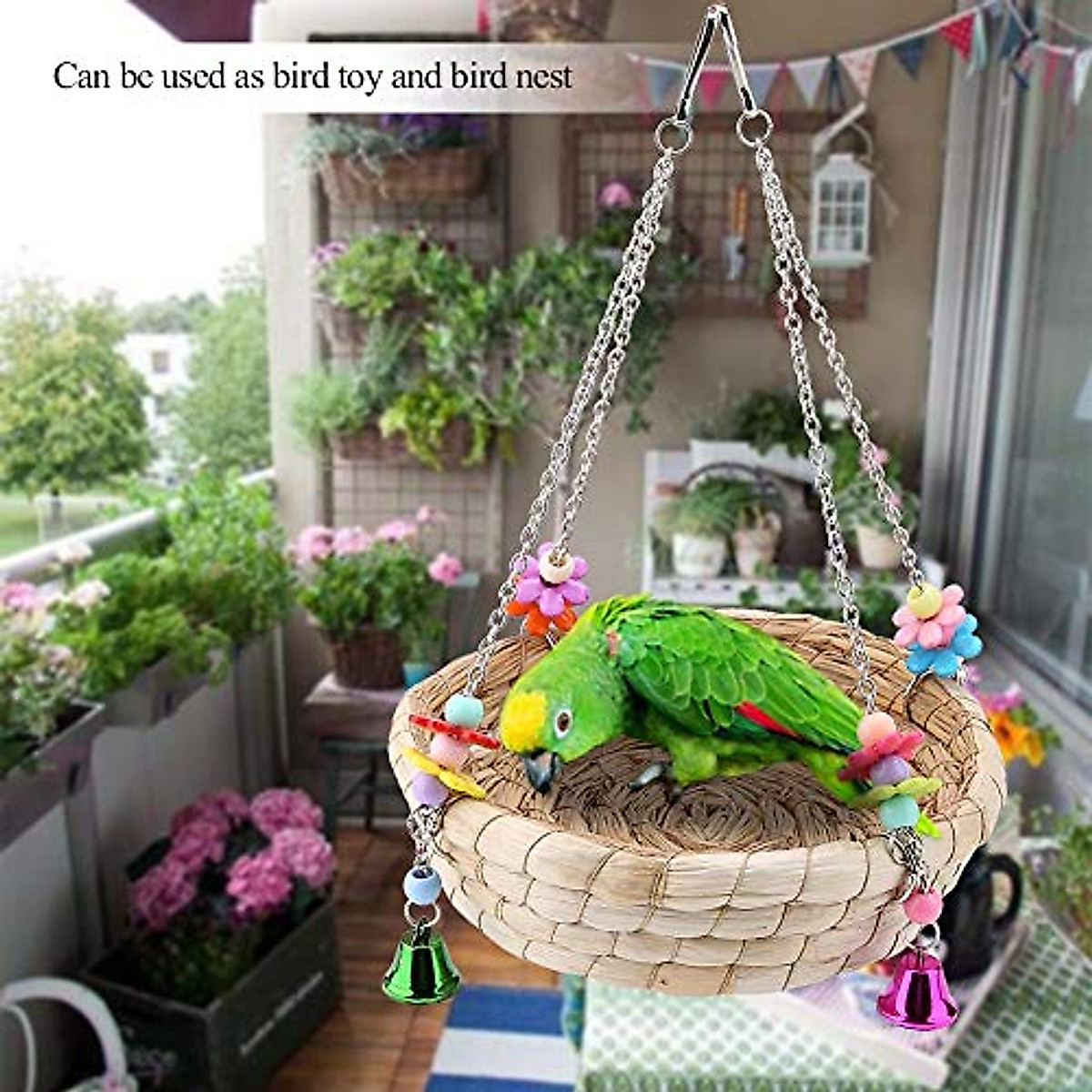 Bird Nest, Safe Parrot Straw Durable Bell Bird Toy Swing Nest Hanging on Birdcage