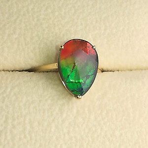 KnBoB Women Teardrop 3 Claws Pear Shape 2.15ct Ammolite Ring 18K Gold Promise Wedding Engagement Bridal Anniversary Ring Size 10.5