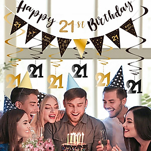 21st Birthday Decoration Kit, Happy 21st Birthday Banner Bunting Swirls Streamers, Triangle Flag Banner for Birthday Party Decorations Supplies Black and Gold 21st