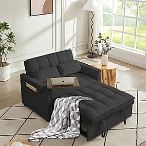 SPOWAY 3 in 1 Sleeper Sofa Couch Bed, Modern Velvet Convertible Sofa Bed with Adjustable Backrest & 2 Pillows, Hidden Side Table, Pull-Out Sofa Bed for Living Room Bedroom, Black