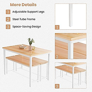 Recaceik 3 Piece Dining Table Set, 47.2" Kitchen Table and Chairs for 4, Dining Table with 2 Benches, Sturdy Structure, Space-Saving Dining Room Furniture Set Perfect for Breakfast Nook, Restaurant