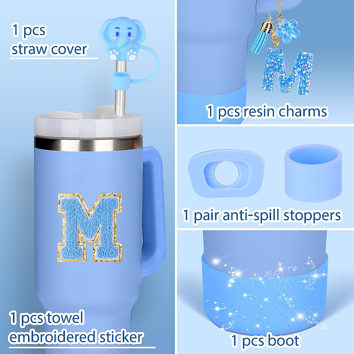Mity rain Cup Accessories Set for stanley 30 oz 40 oz tumbler with handle, Including Initials Charms, Straw Cover Cap, Boot, Sticker, Silicone Spill Proof Stopper,Blue Decorate for Boy Girl (Letter M)
