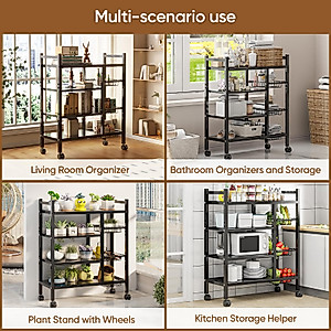 VZONE Storage Shelves, Adjustable 4-Tier Kitchen Organizers and Storage with 4 Wire Baskets, Metal Shelf Rack with Wheels for Kitchen, Pantry, Bathroom, Garage – Ideal for Kitchen Shelves